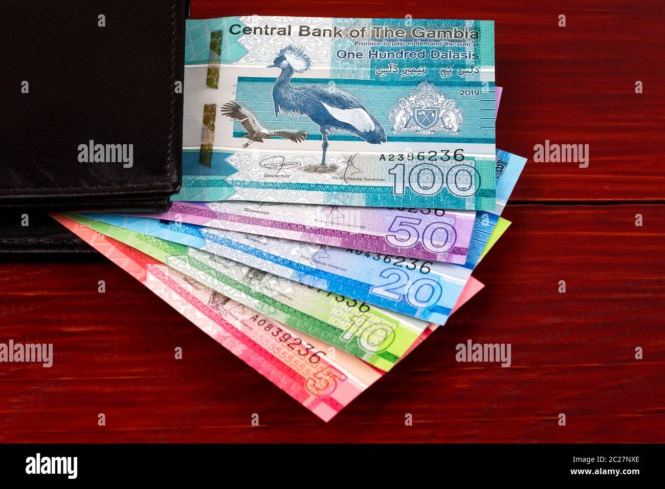 New series of Gambian dalasi in the black wallet Stock Photo - Alamy