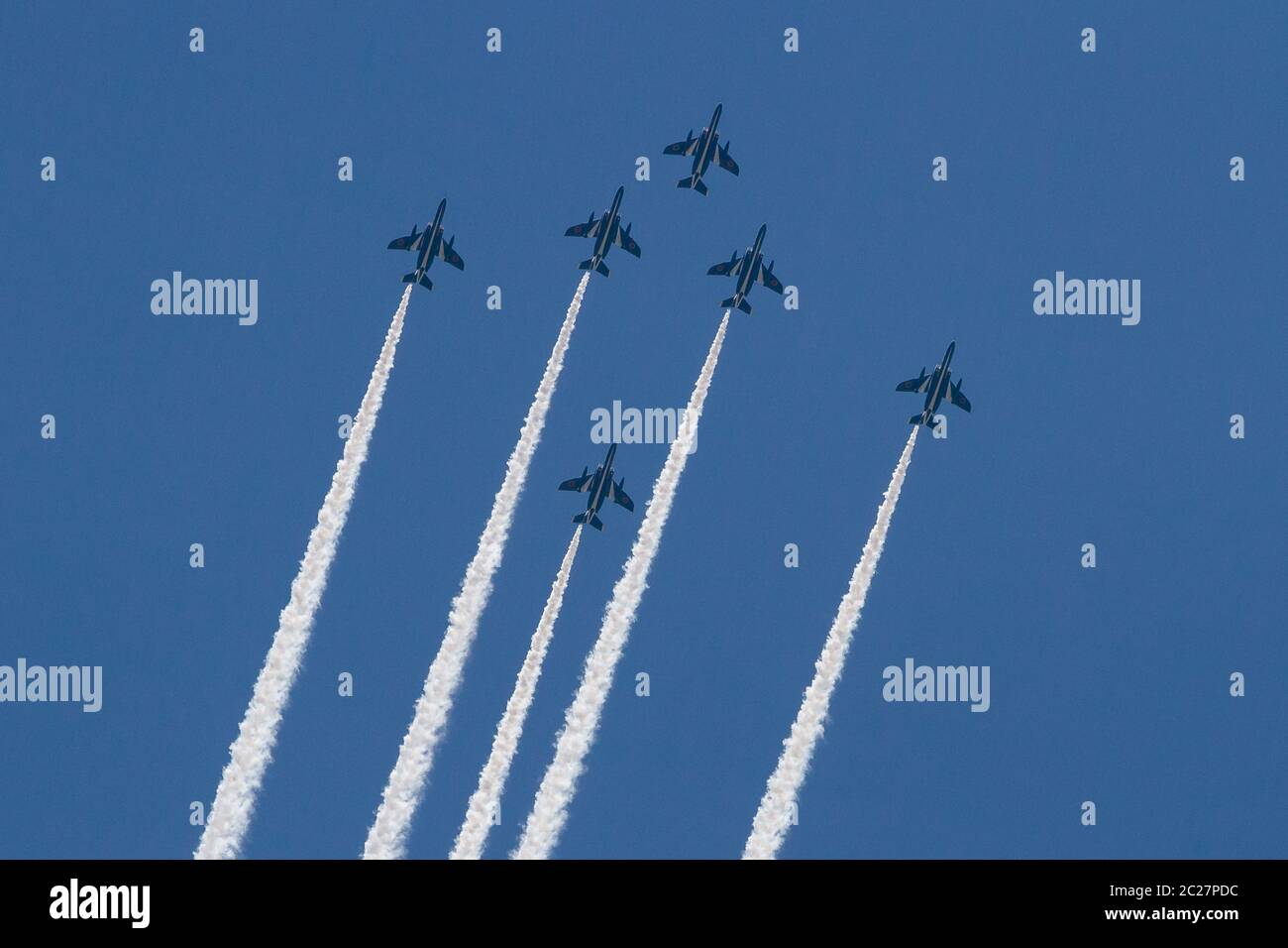 The JASDF Blue Impulse aerobatics team do a fly past in formation over ...