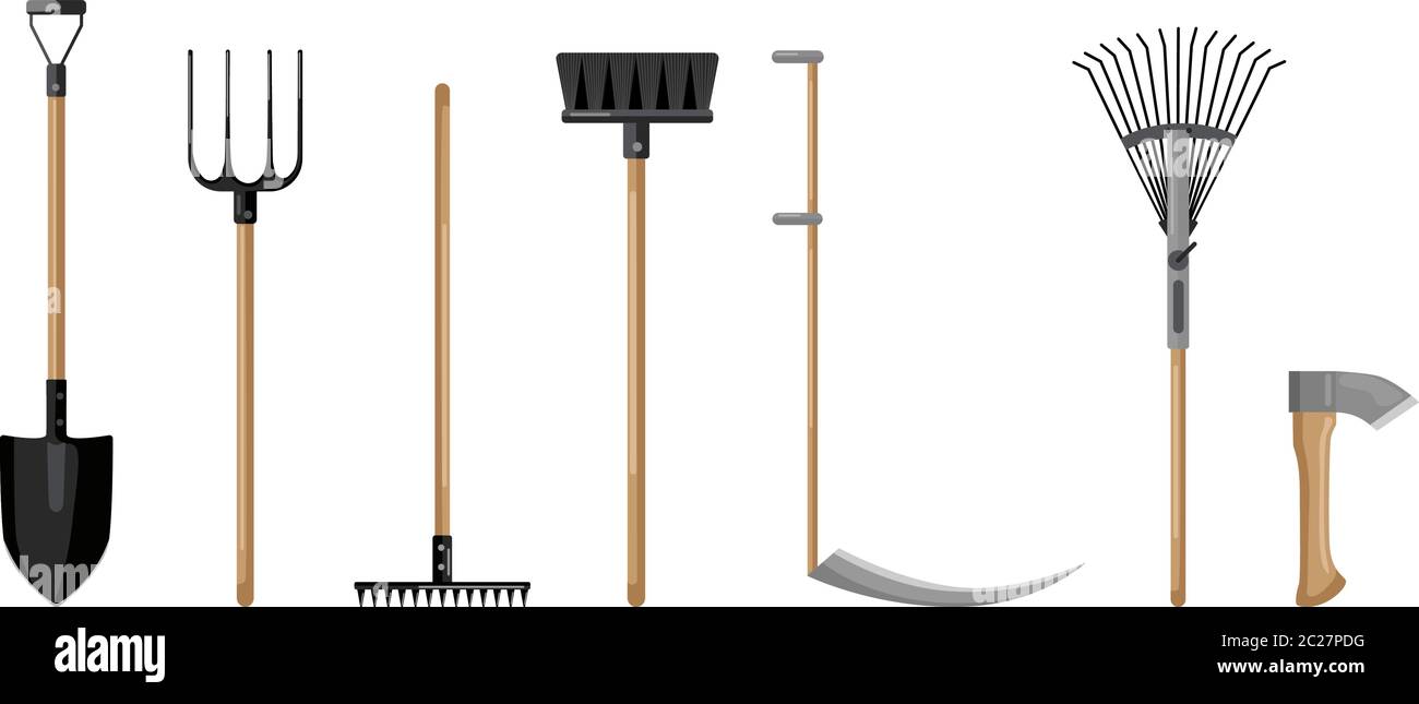 Set agricultural on white backdrop. Shovel, pitchfork, broom, axe ...