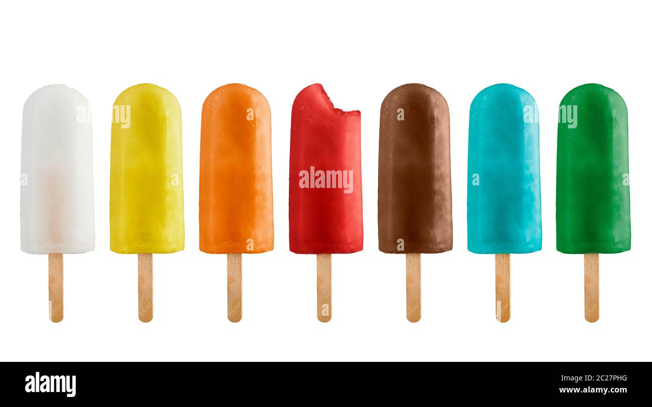 variety of fruits ice lolly with one bitten, isolated on white ...
