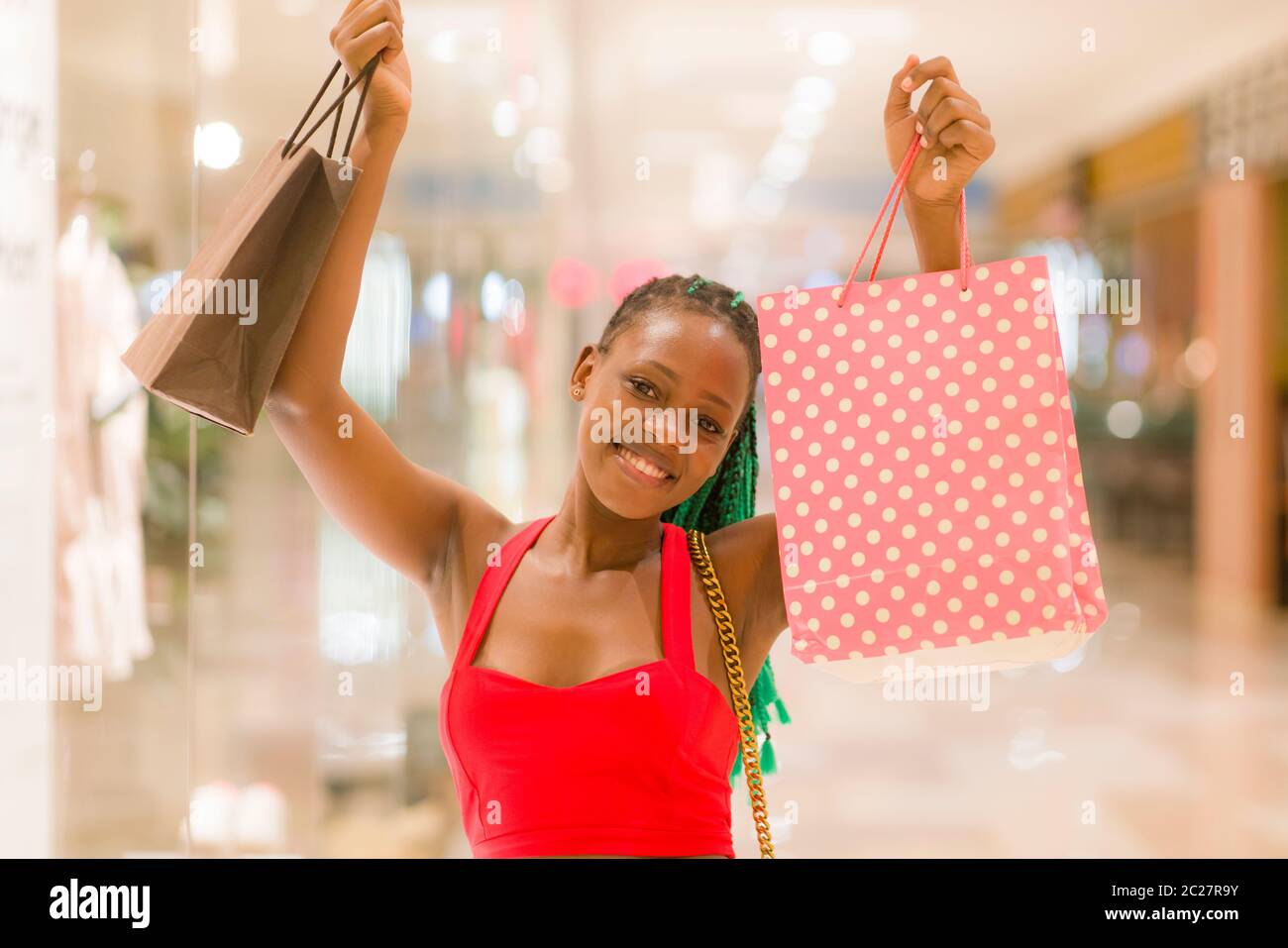 cool black girl shopping - young happy and beautiful black African ...