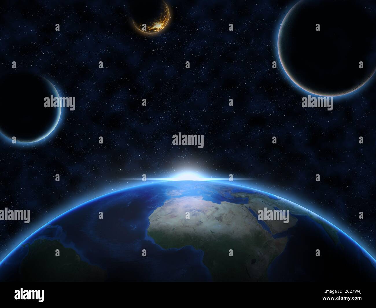 Planet Earth and two alien moons with sunrise in space. Elements of ...