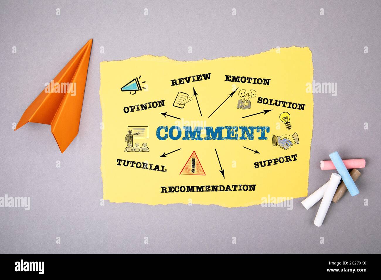 Comment. Opinion, review, support and tutorial concept. Text on note ...