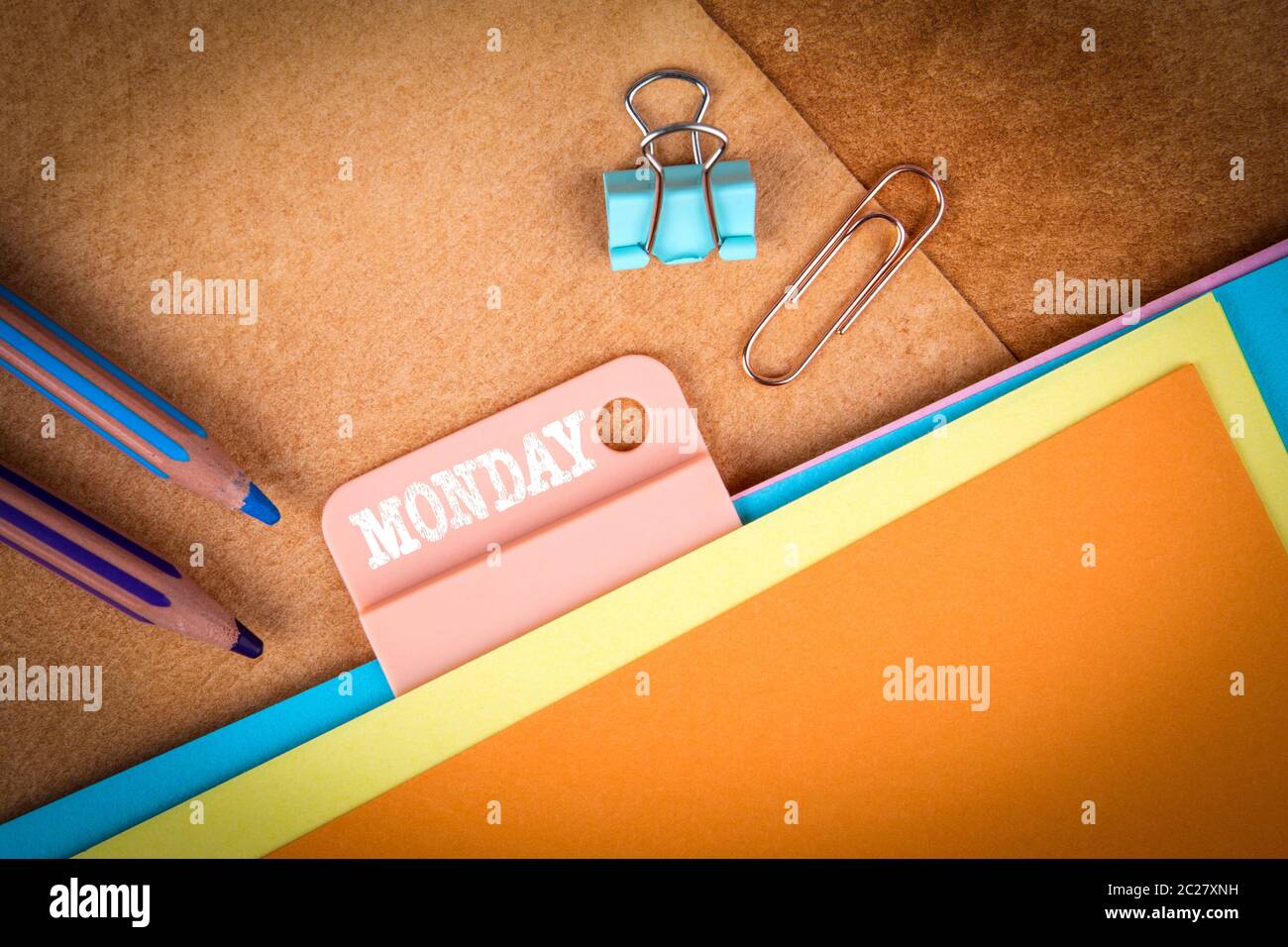 MONDAY. Folder Register of Card Index. Colored pencils and sheets of ...