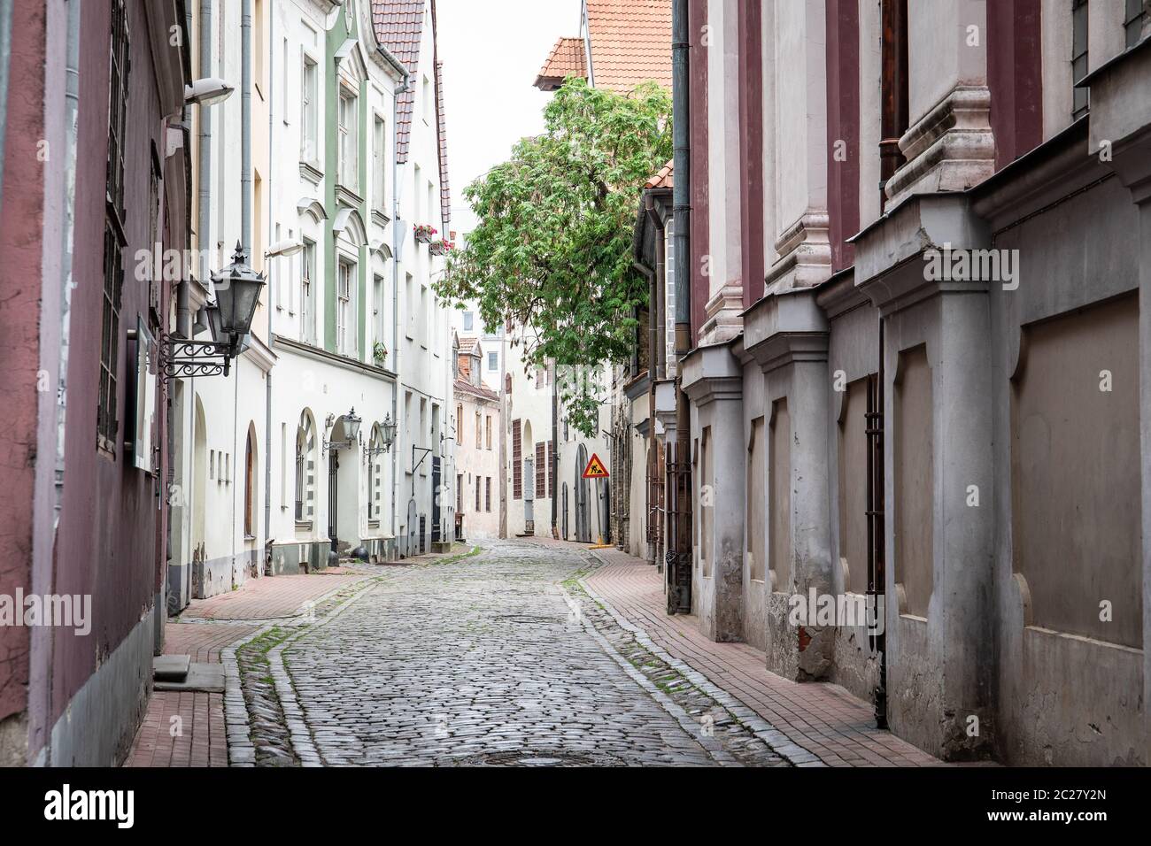 View of the Old Town. Paved streets. Building facades, street lighting ...