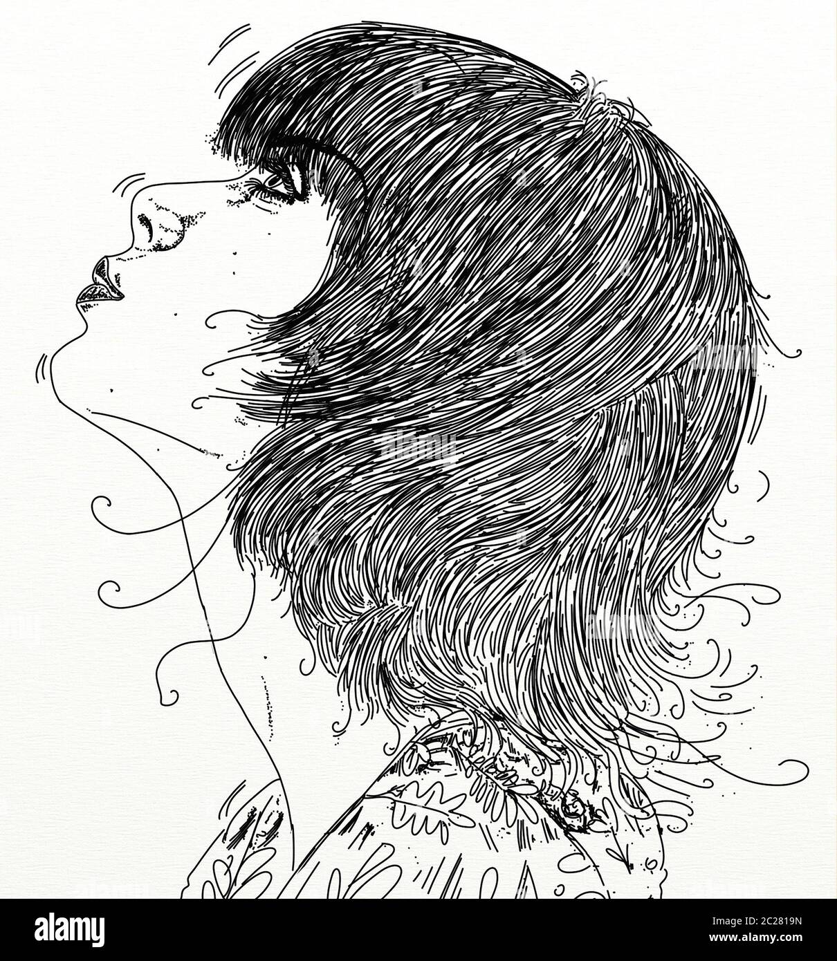 An illustration of a portrait of a woman with a shy look and bobbed ...