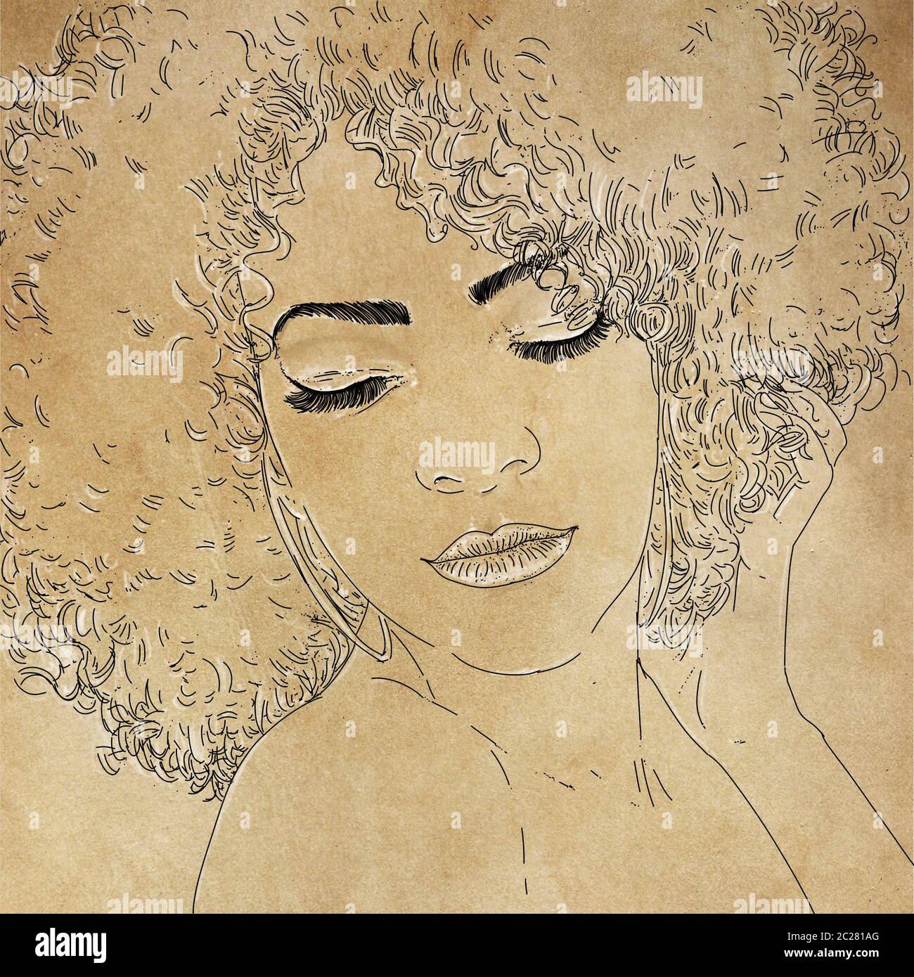 An illustration of a portrait of a woman with a shy look and bobbed ...