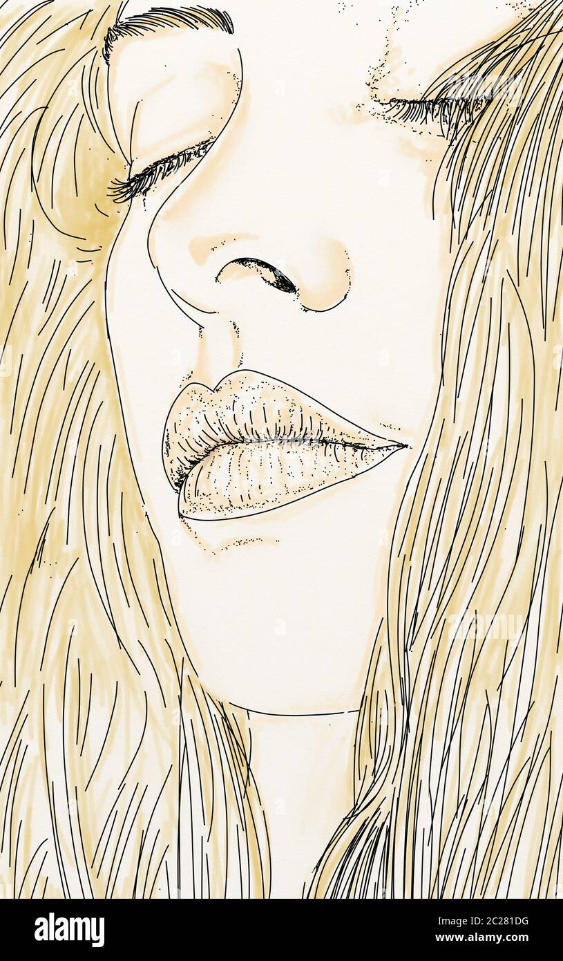 An illustration of a portrait of a woman with a shy look and bobbed ...