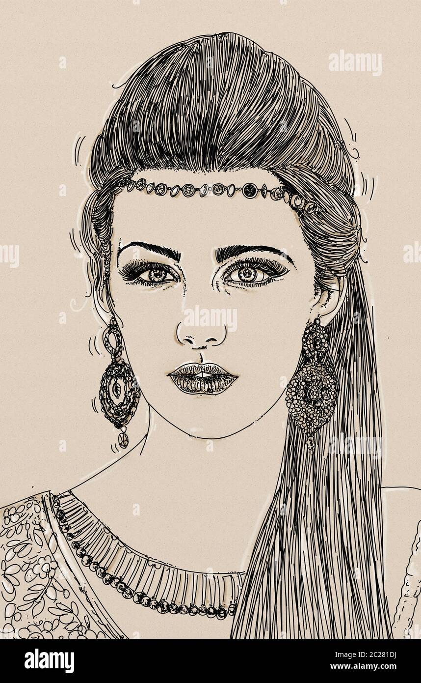An illustration of a portrait of a woman with a shy look and bobbed ...