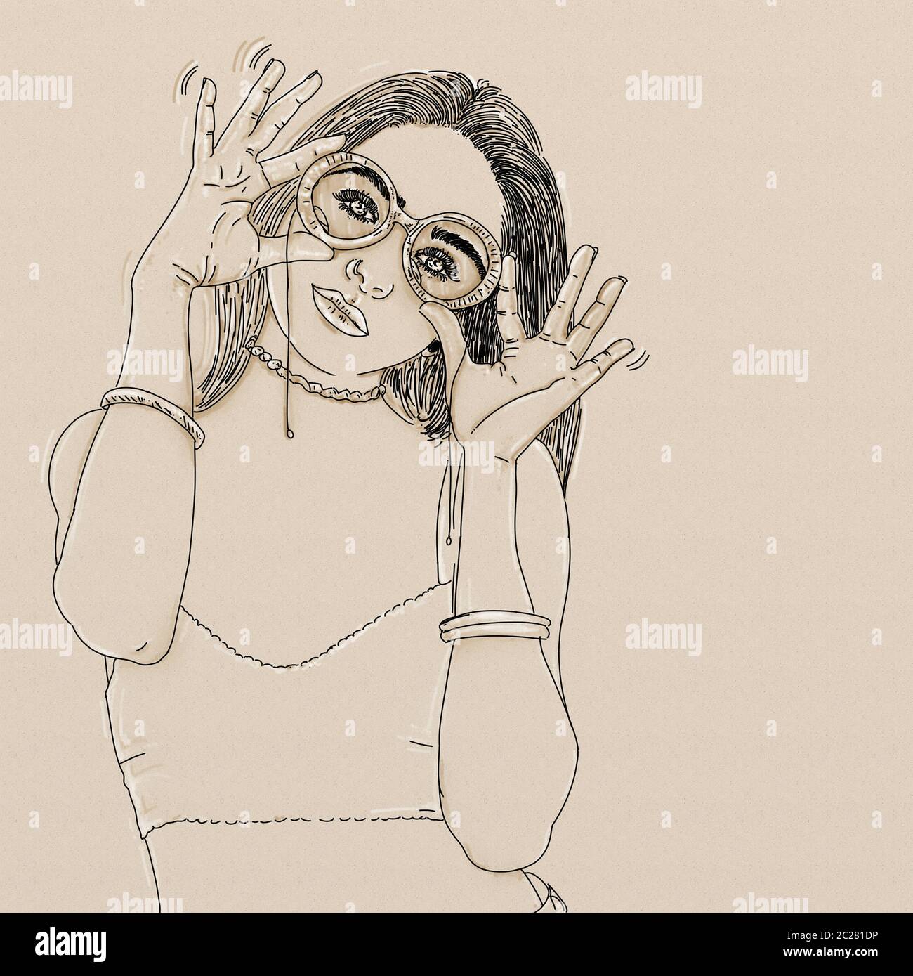 An illustration of a portrait of a woman with a shy look and bobbed ...