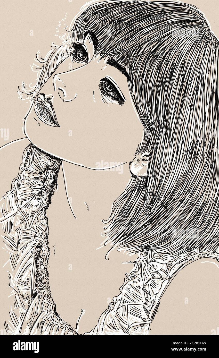 An illustration of a portrait of a woman with a shy look and bobbed ...