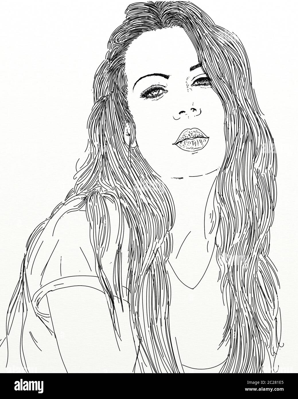 An illustration of a portrait of a woman with a shy look and bobbed ...