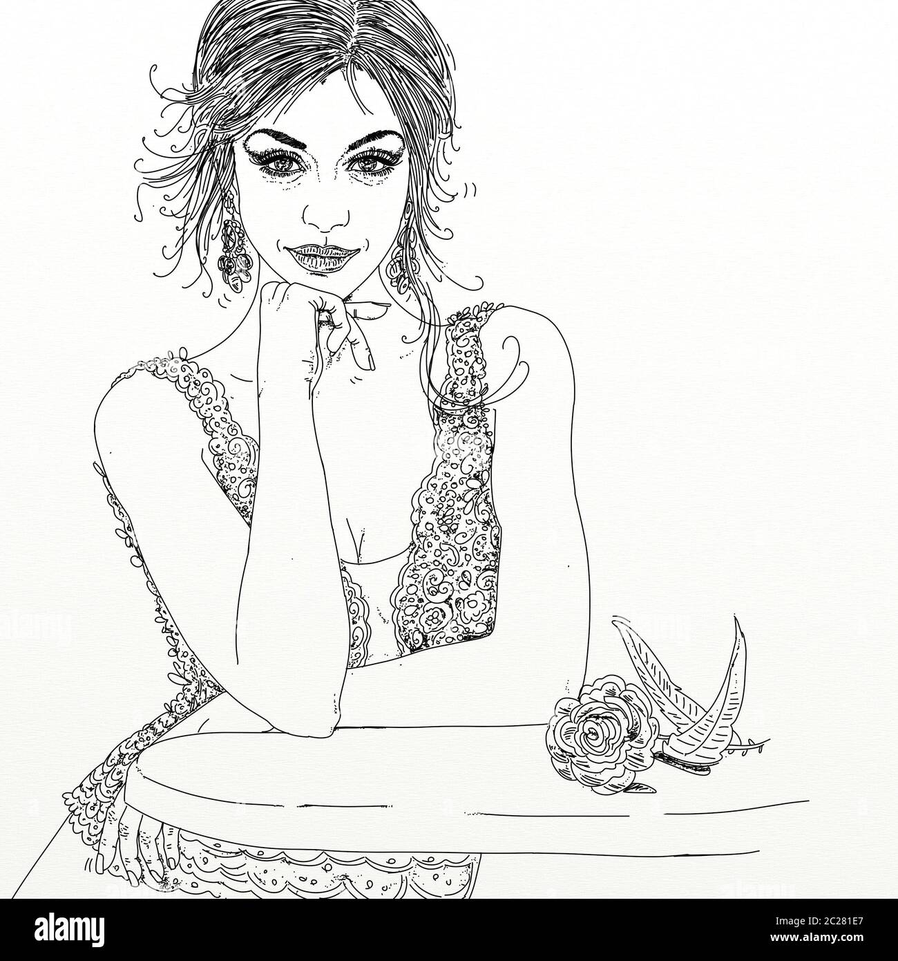 An illustration of a portrait of a woman with a shy look and bobbed ...
