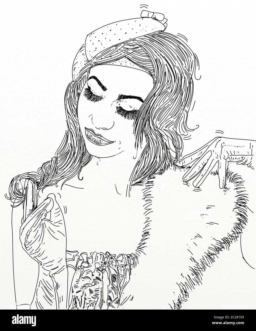 An illustration of a portrait of a woman with a shy look and bobbed ...