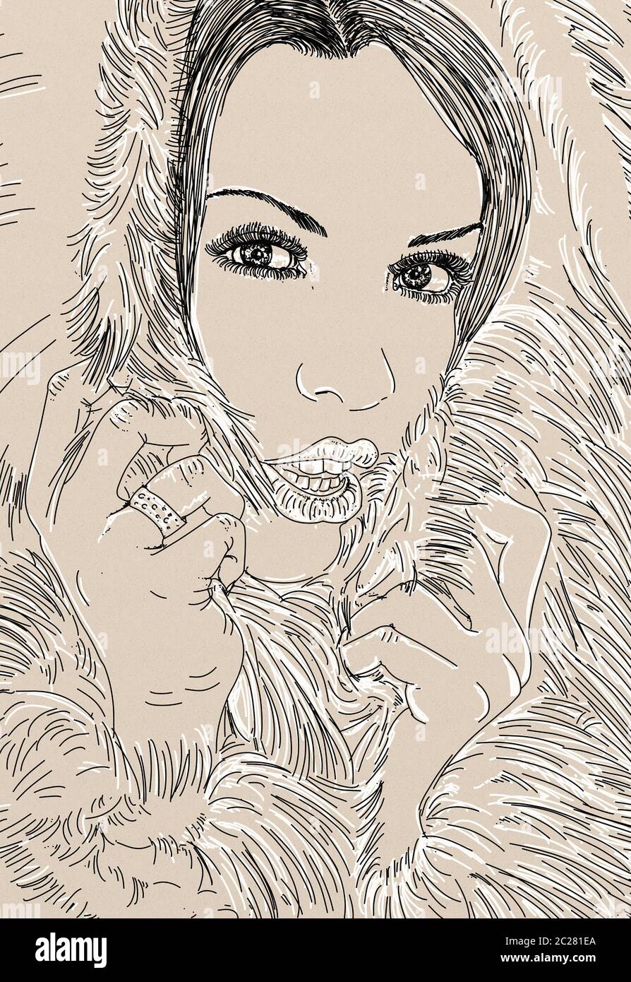 An illustration of a portrait of a woman with a shy look and bobbed ...