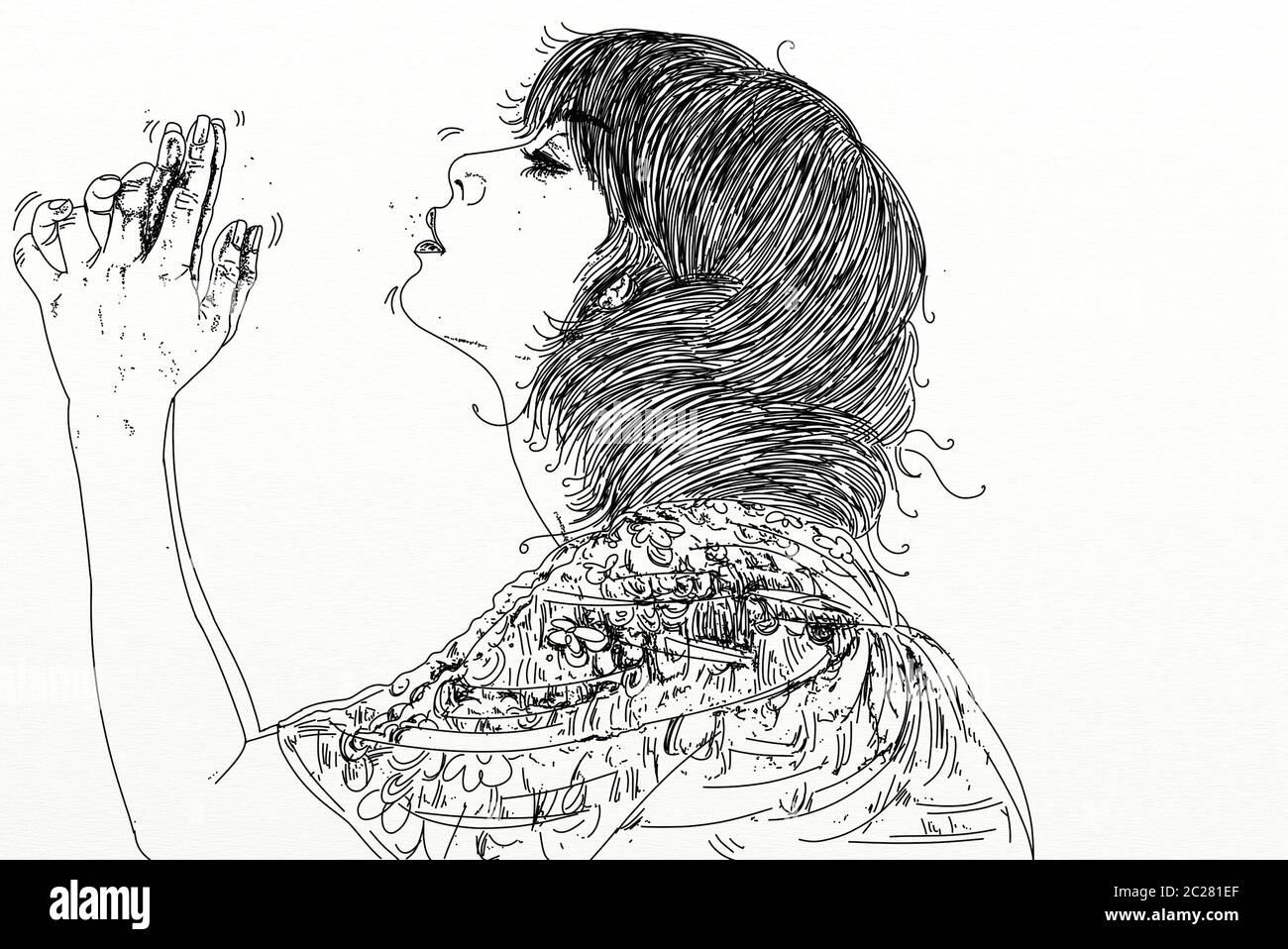 An illustration of a portrait of a woman with a shy look and bobbed ...
