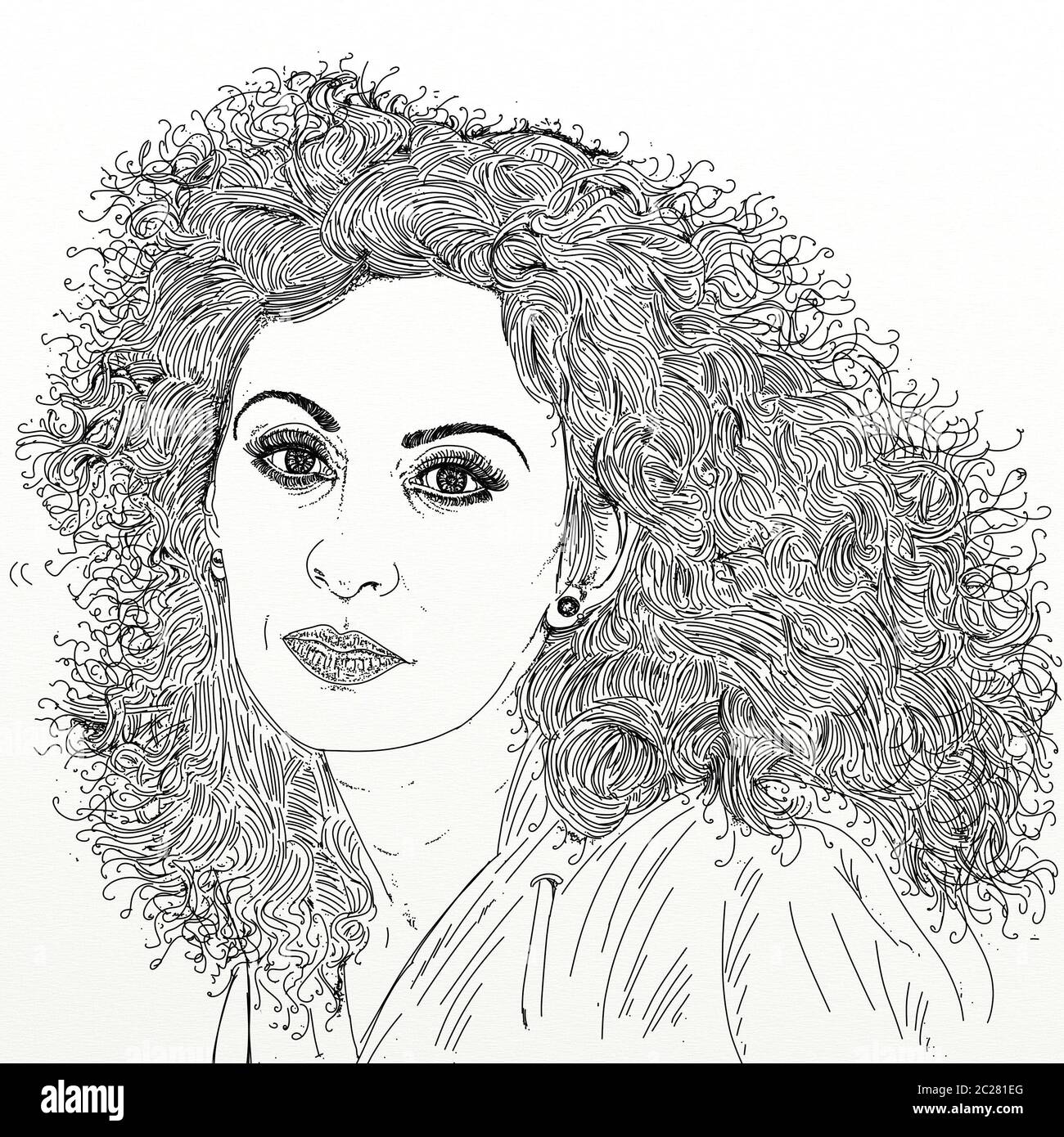 An illustration of a portrait of a woman with a shy look and bobbed ...