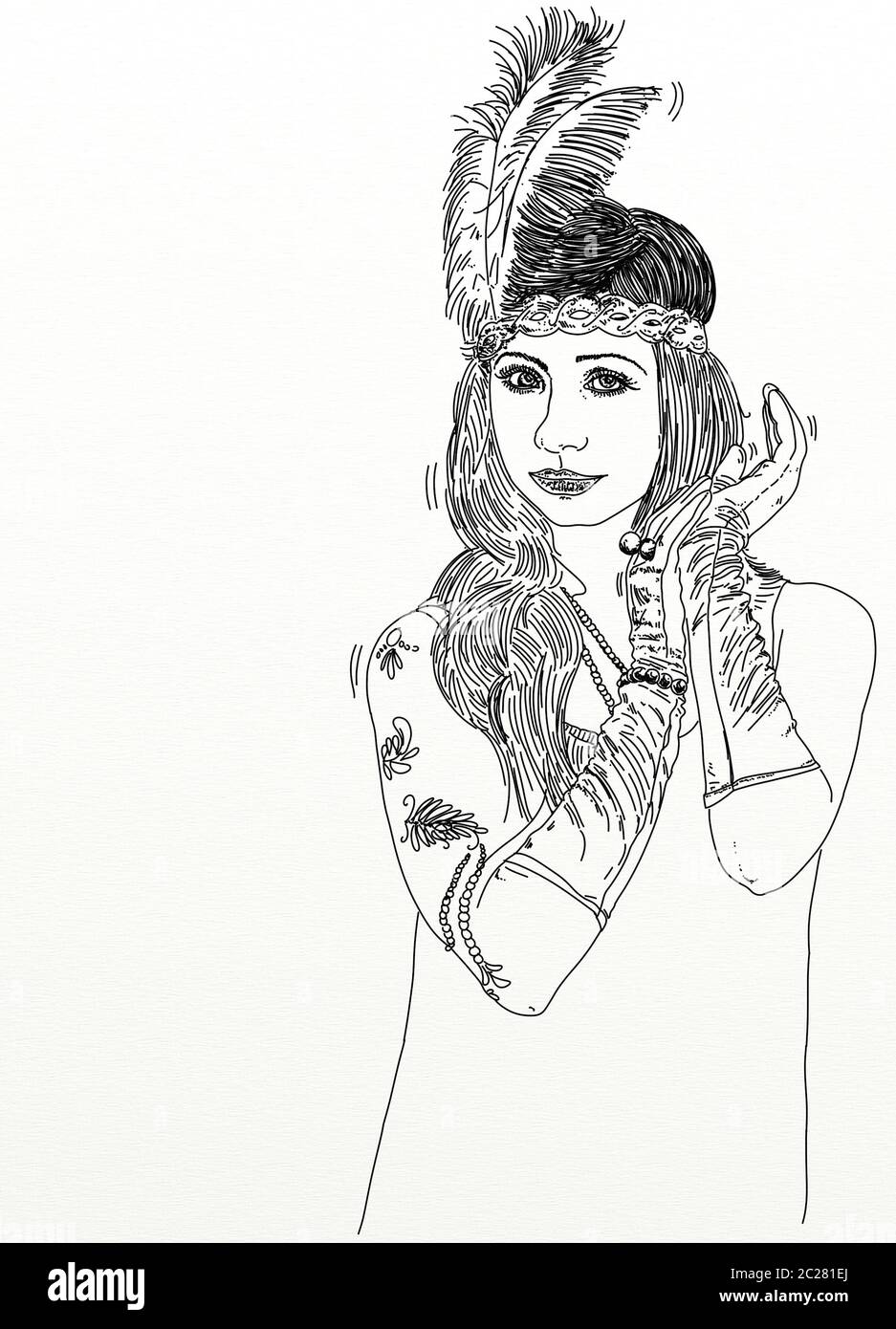 An illustration of a portrait of a woman with a shy look and bobbed ...