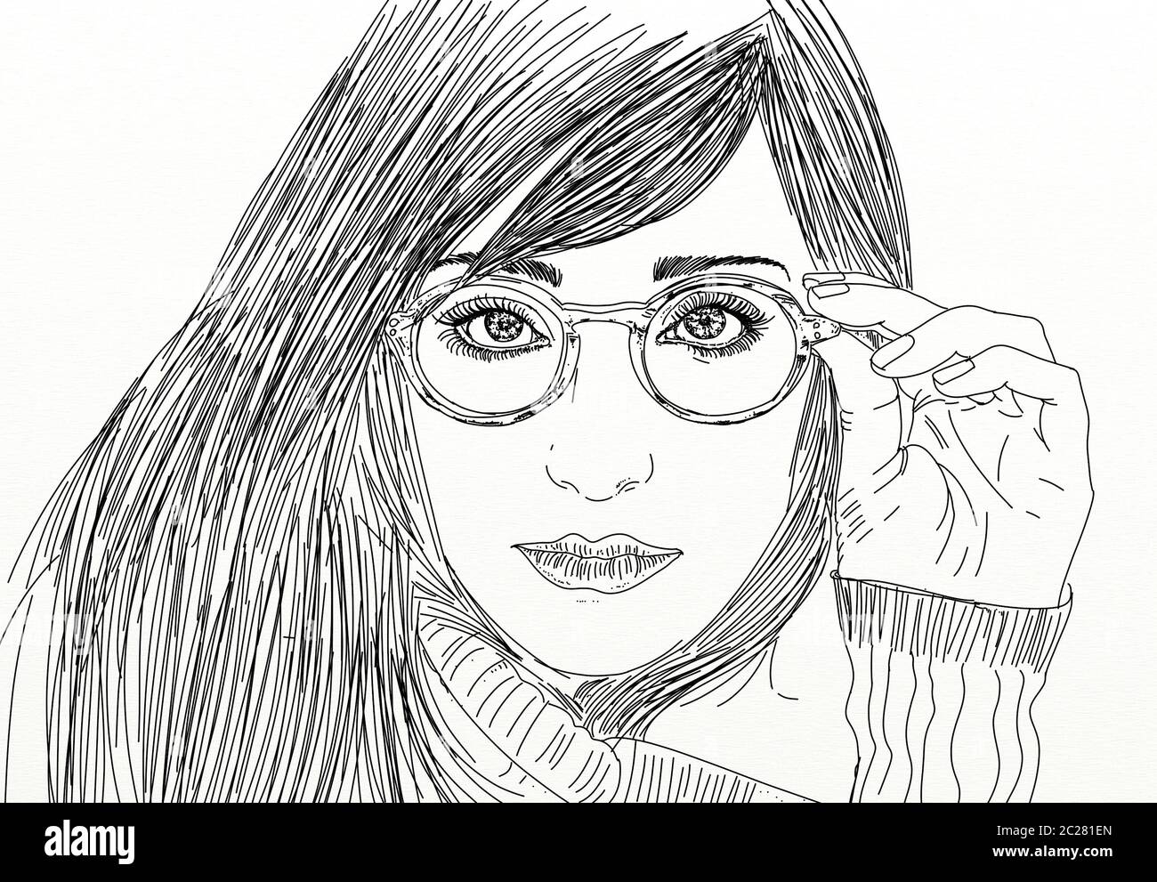 An illustration of a portrait of a woman with a shy look and bobbed ...