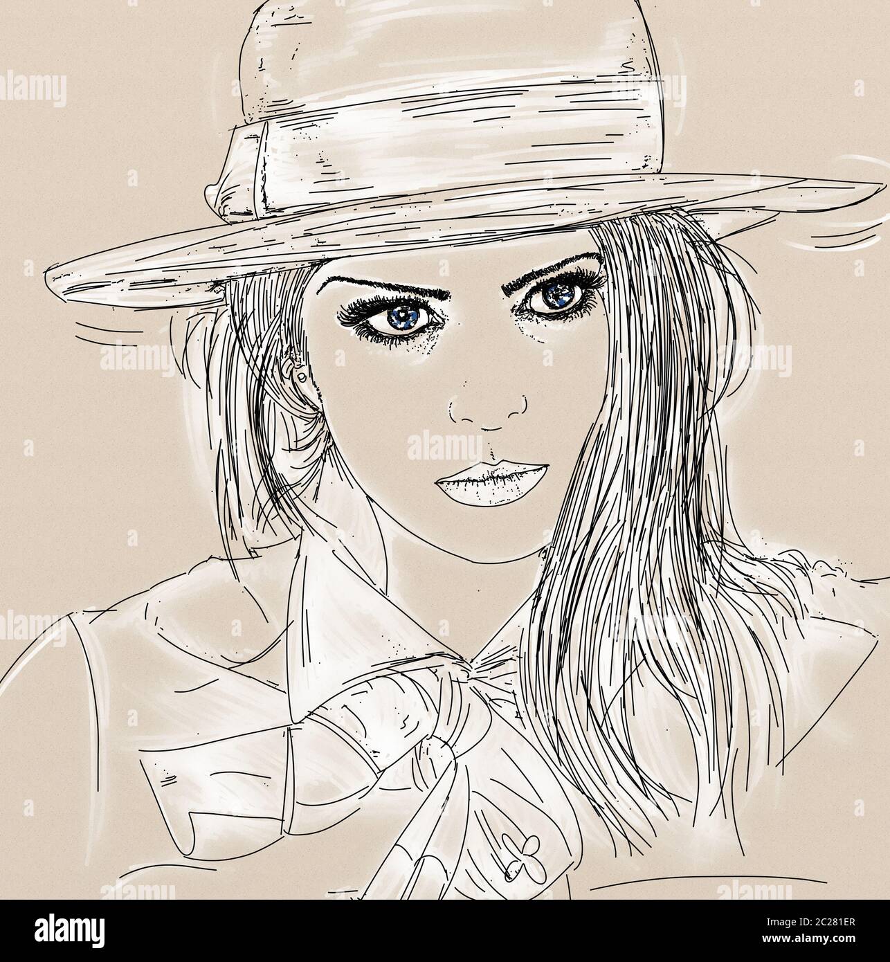 An illustration of a portrait of a woman with a shy look and bobbed ...
