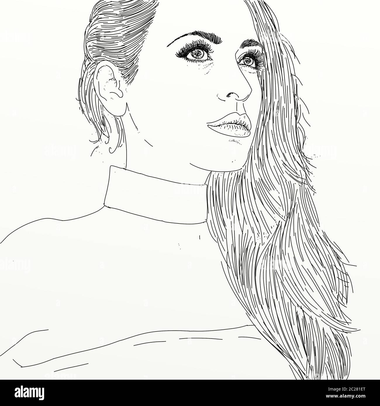 An illustration of a portrait of a woman with a shy look and bobbed ...