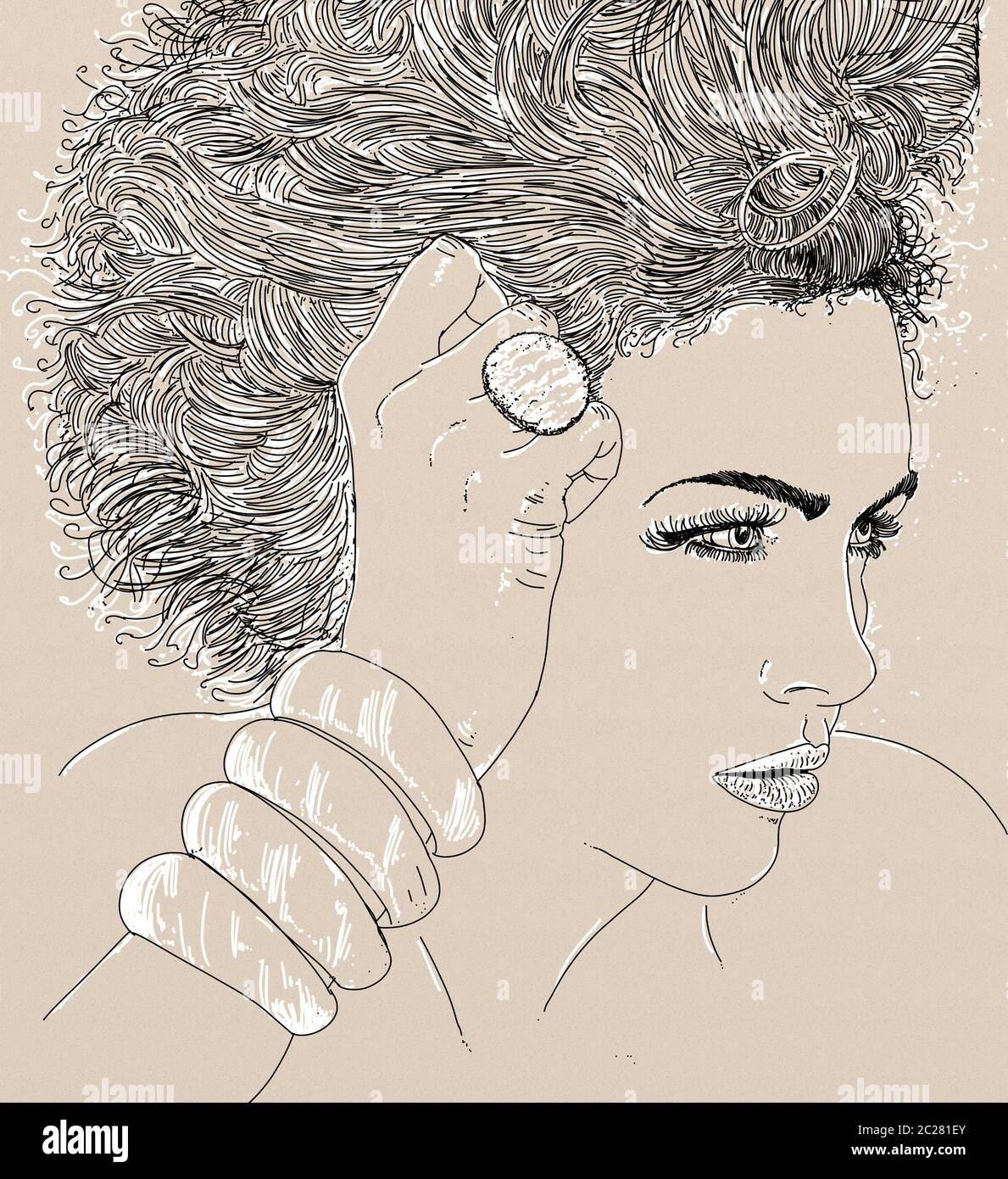 An illustration of a portrait of a woman with a shy look and bobbed ...