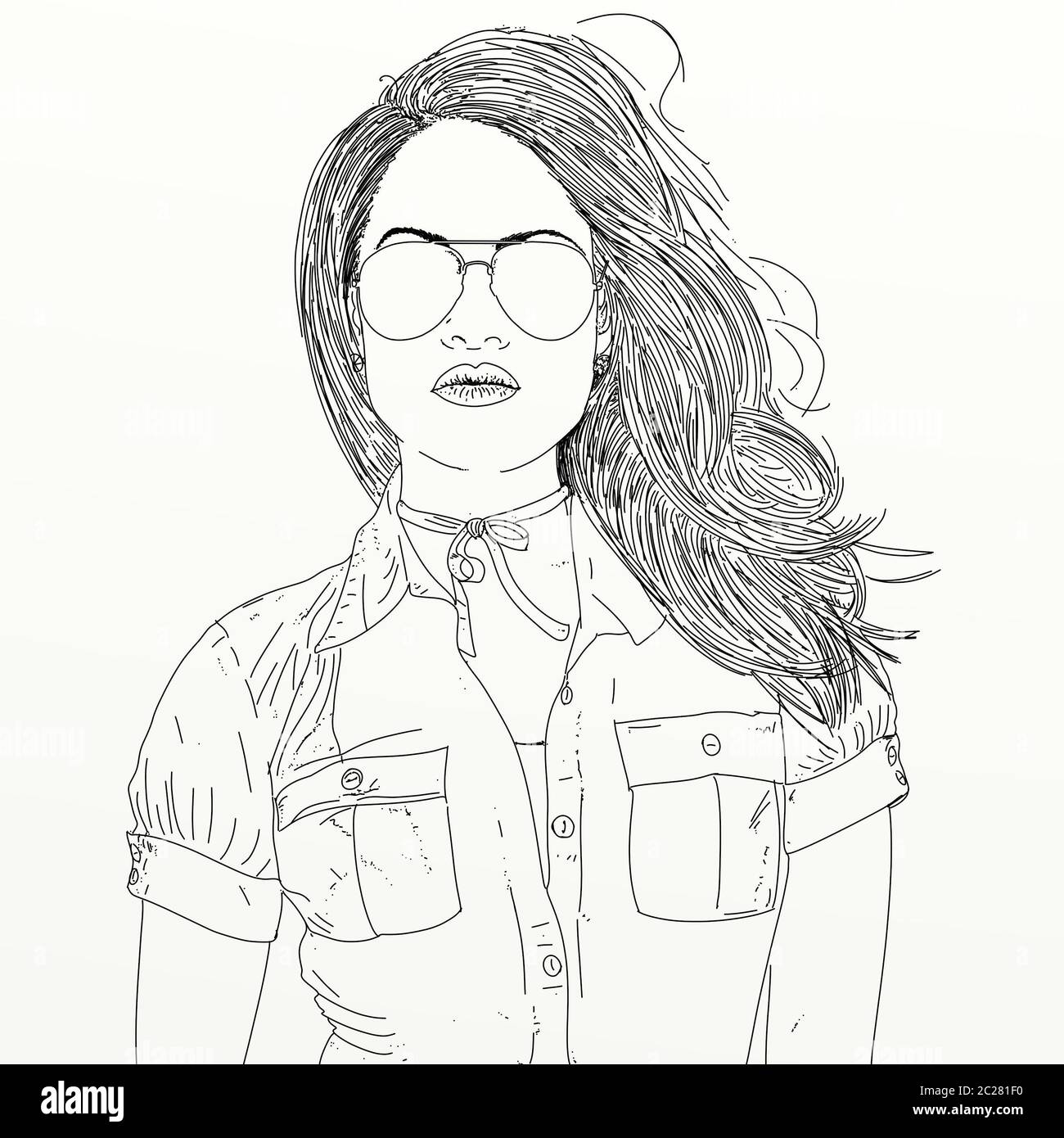 An illustration of a portrait of a woman with a shy look and bobbed ...