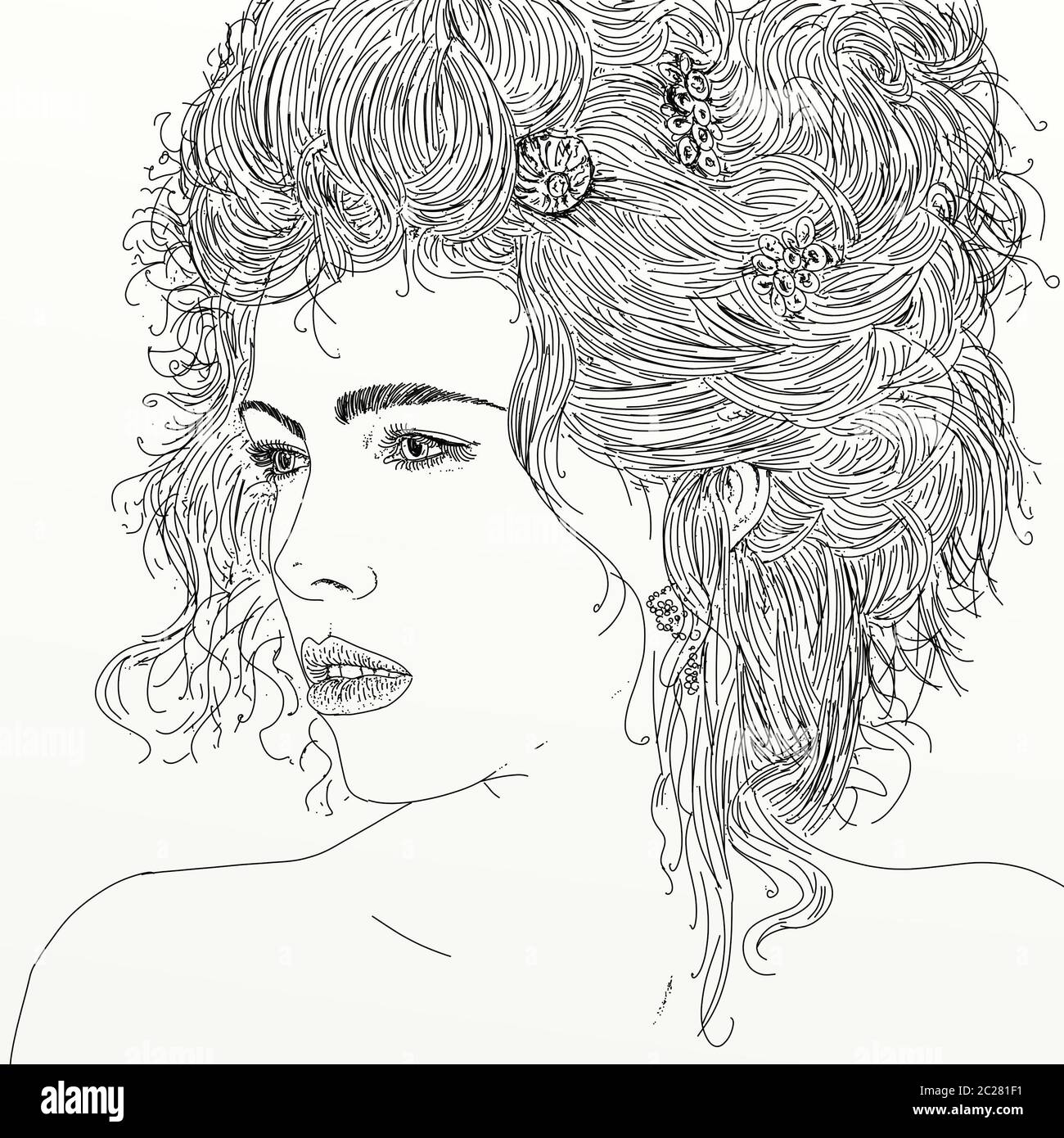 An illustration of a portrait of a woman with a shy look and bobbed ...