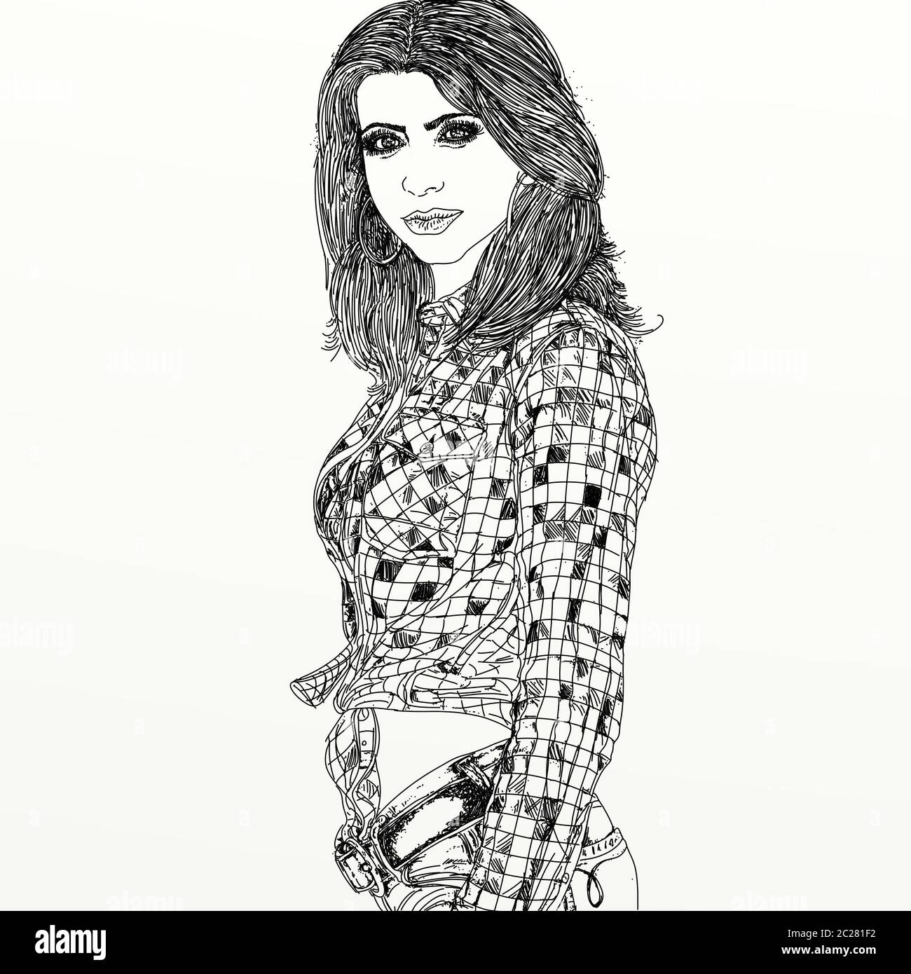 An illustration of a portrait of a woman with a shy look and bobbed ...