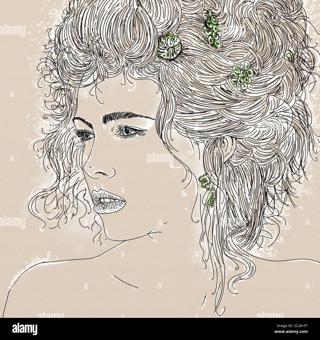 An illustration of a portrait of a woman with a shy look and bobbed ...