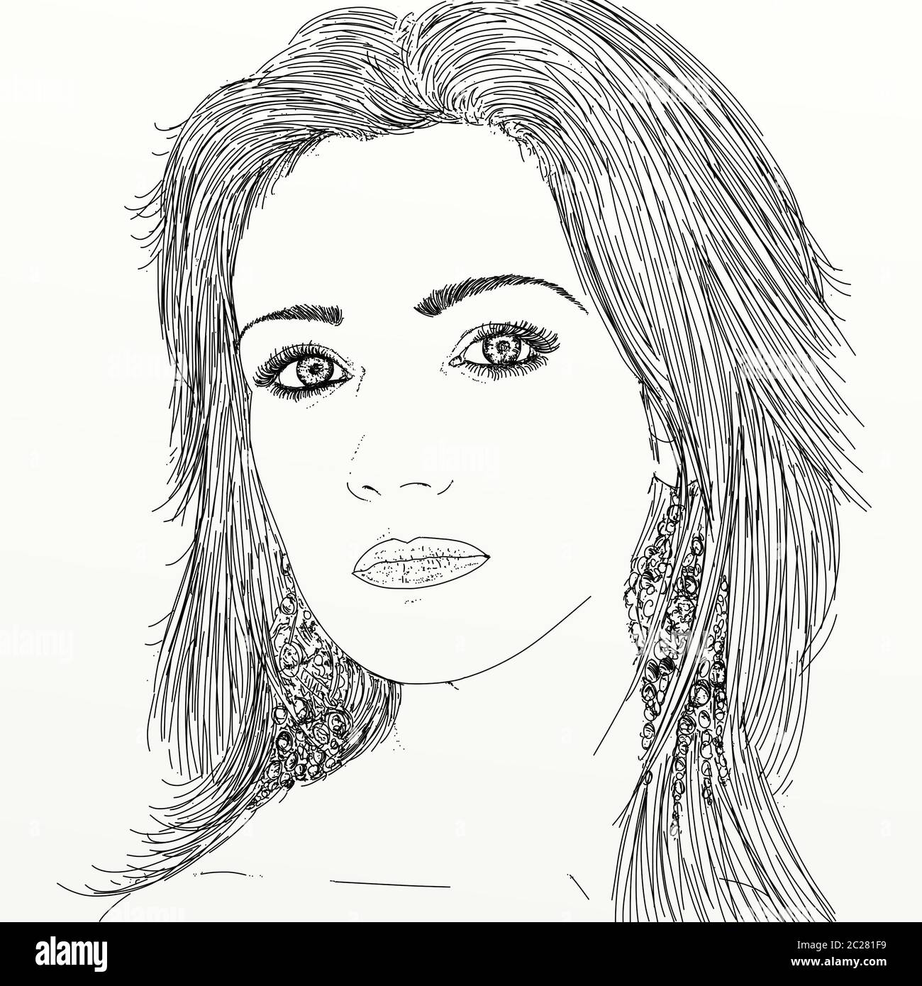 An illustration of a portrait of a woman with a shy look and bobbed ...