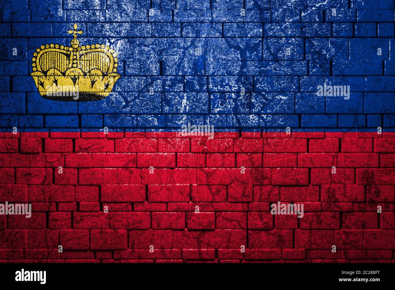 National flag of Liechtenstein on brick wall background.The concept of ...