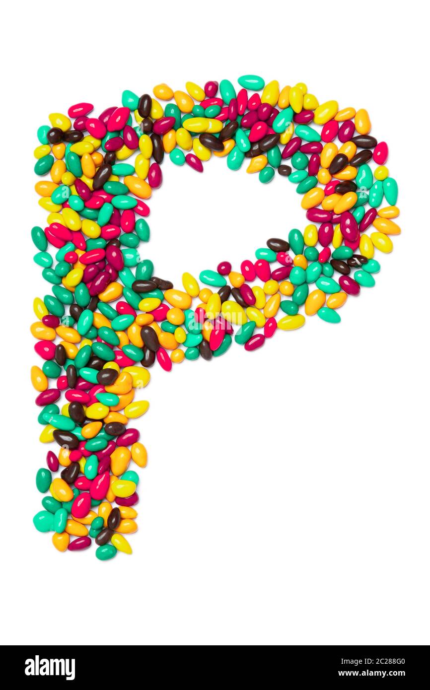 Letter P of the English alphabet from multicolored round chocolates on ...