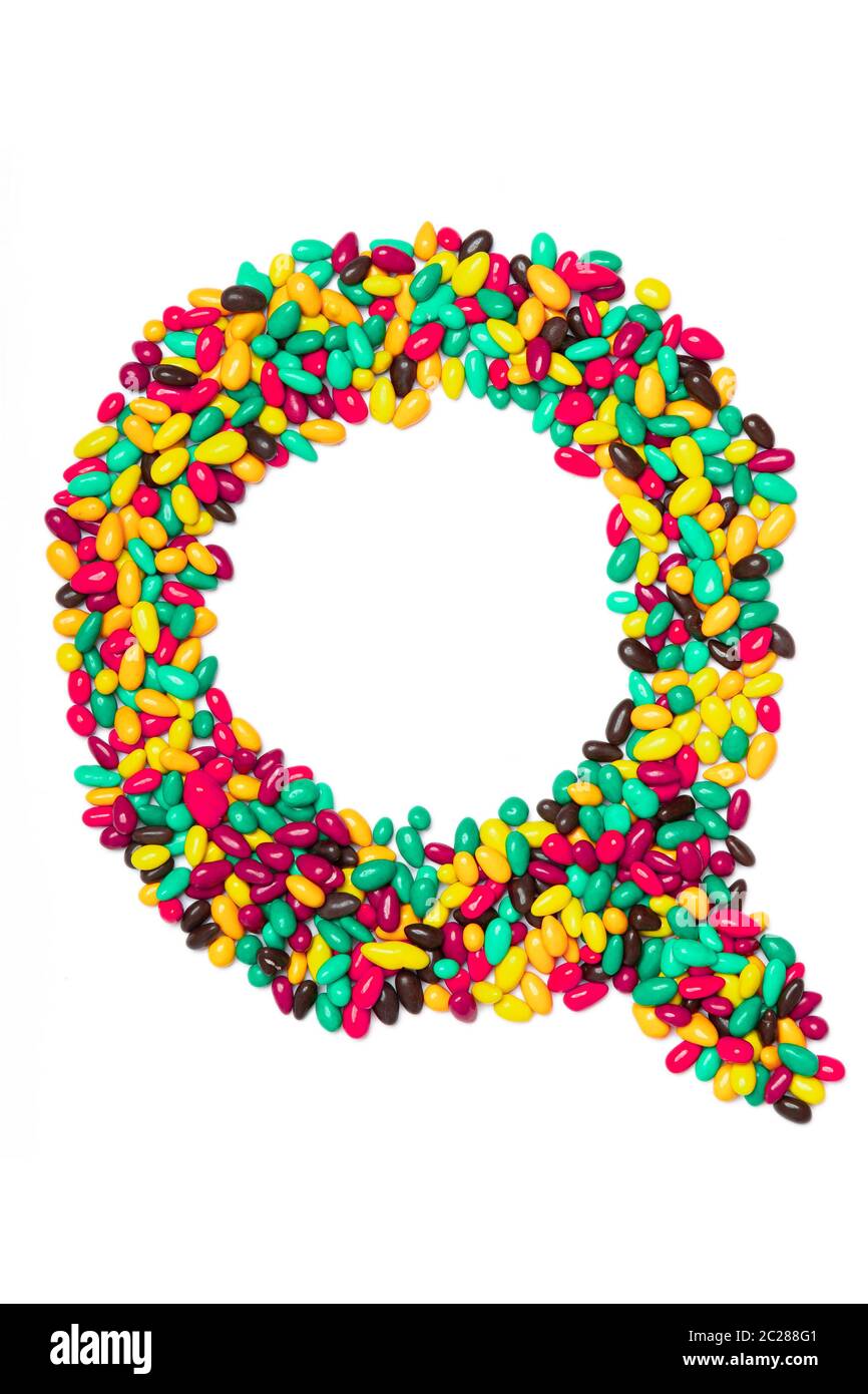 Letter Q of the English alphabet from multicolored round chocolates on ...