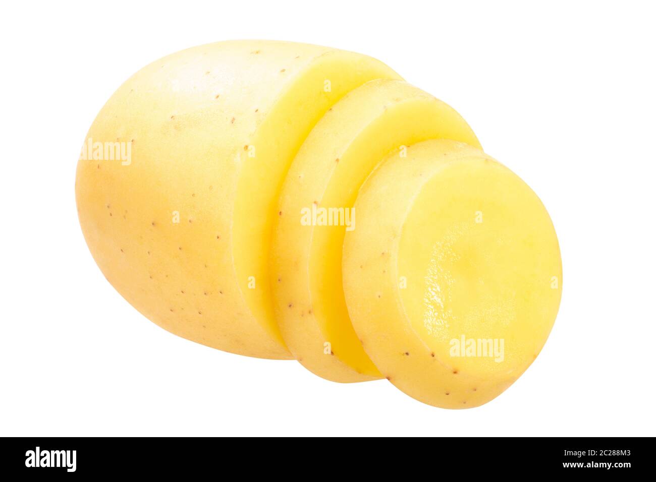 Potato (Solanum tuberosum) tuber, partially sliced, isolated Stock ...