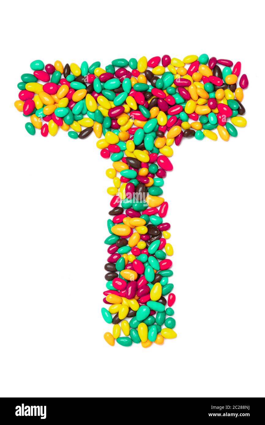 Letter T of the English alphabet from multicolored round chocolates on ...