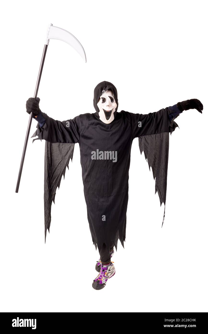 Kid with reaper mask in Halloween costume isolated in white Stock Photo ...