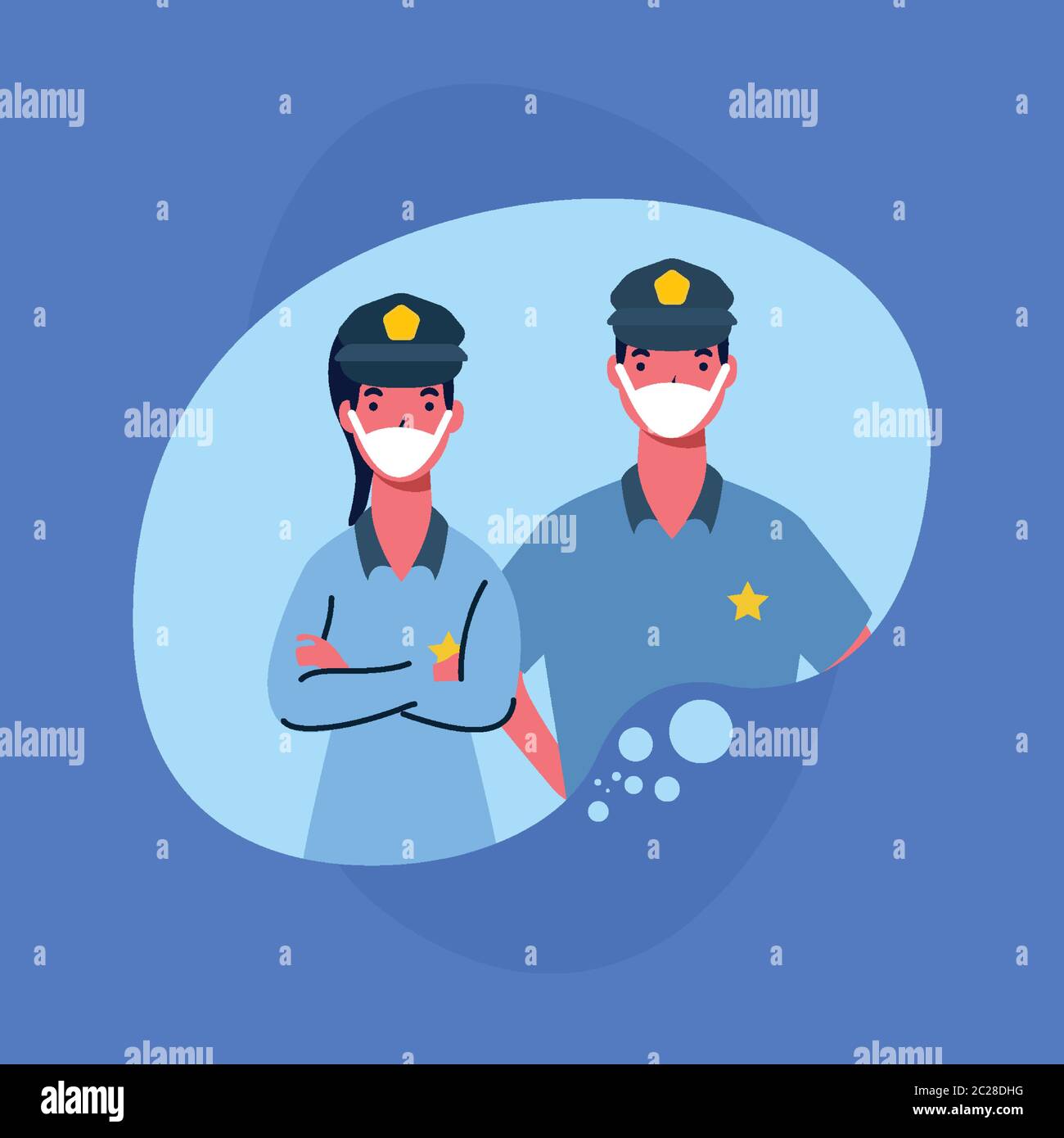 police man and woman with masks design, Workers occupation and job ...