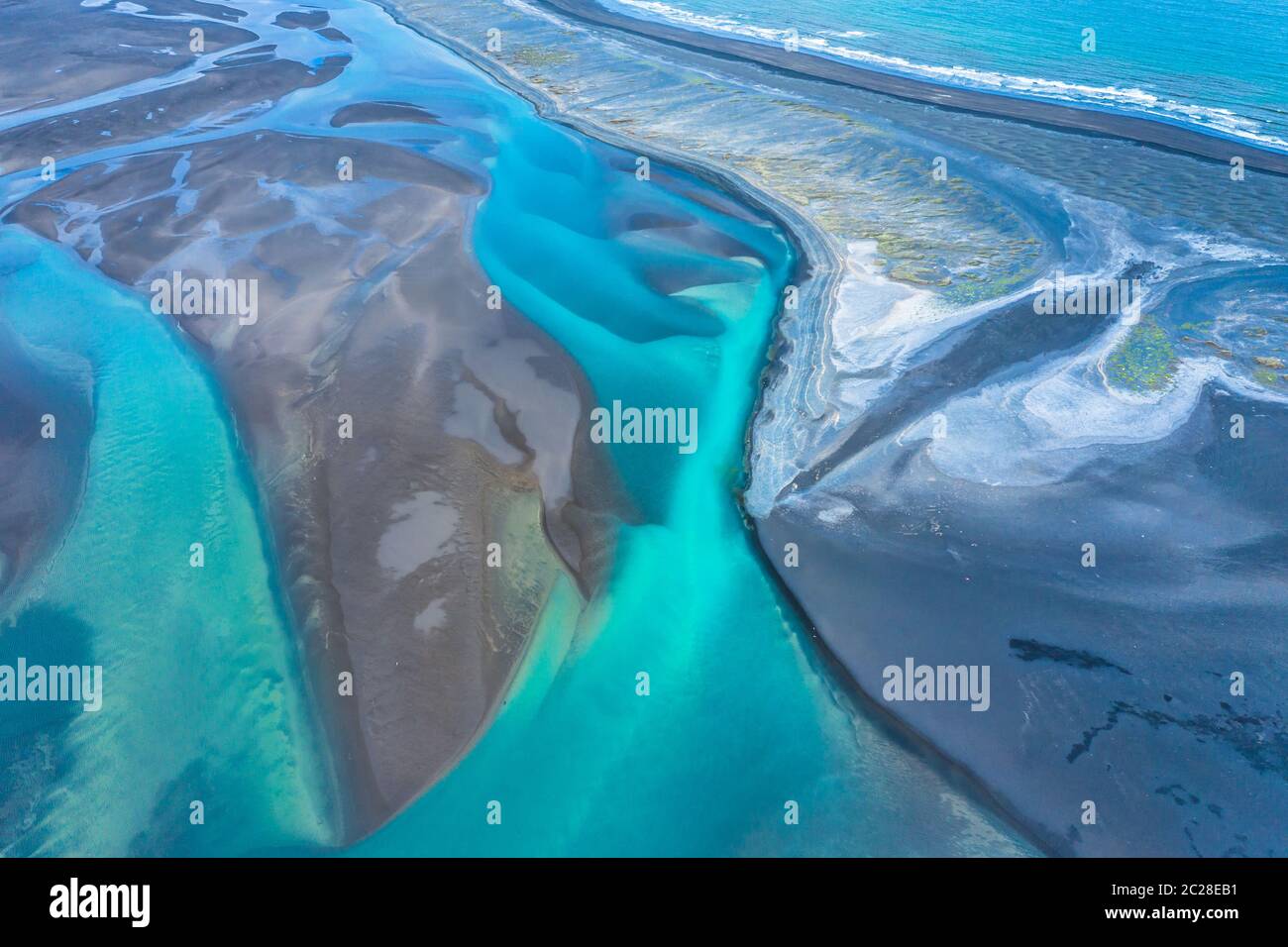 Aerial drone view of a huge riverbed and delta, glacial river system ...