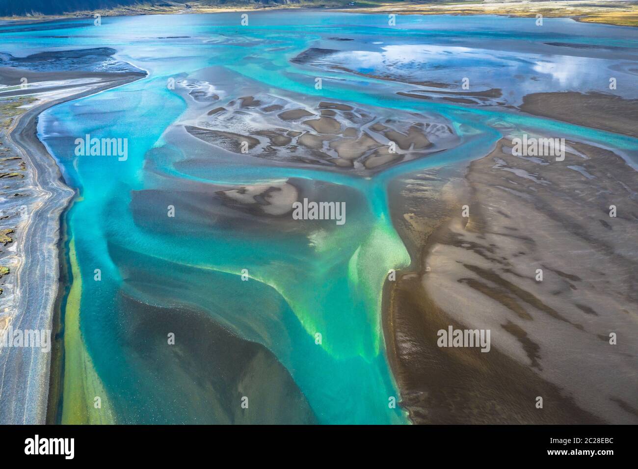 Amazing aerial view of glacier riverbed, delta in Iceland Stock Photo ...