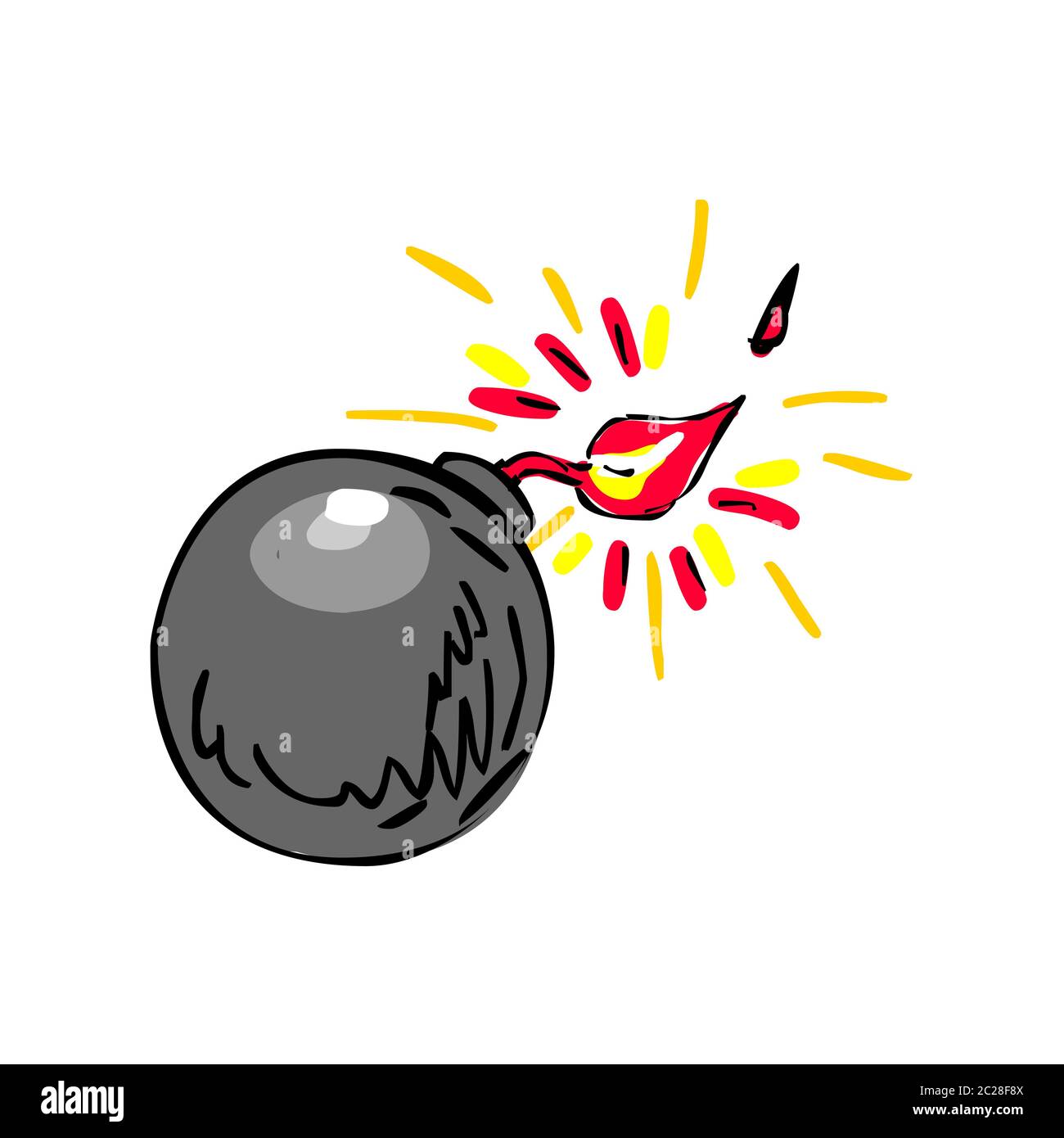 Drawing sketch style illustration of a black ball bomb with burning ...