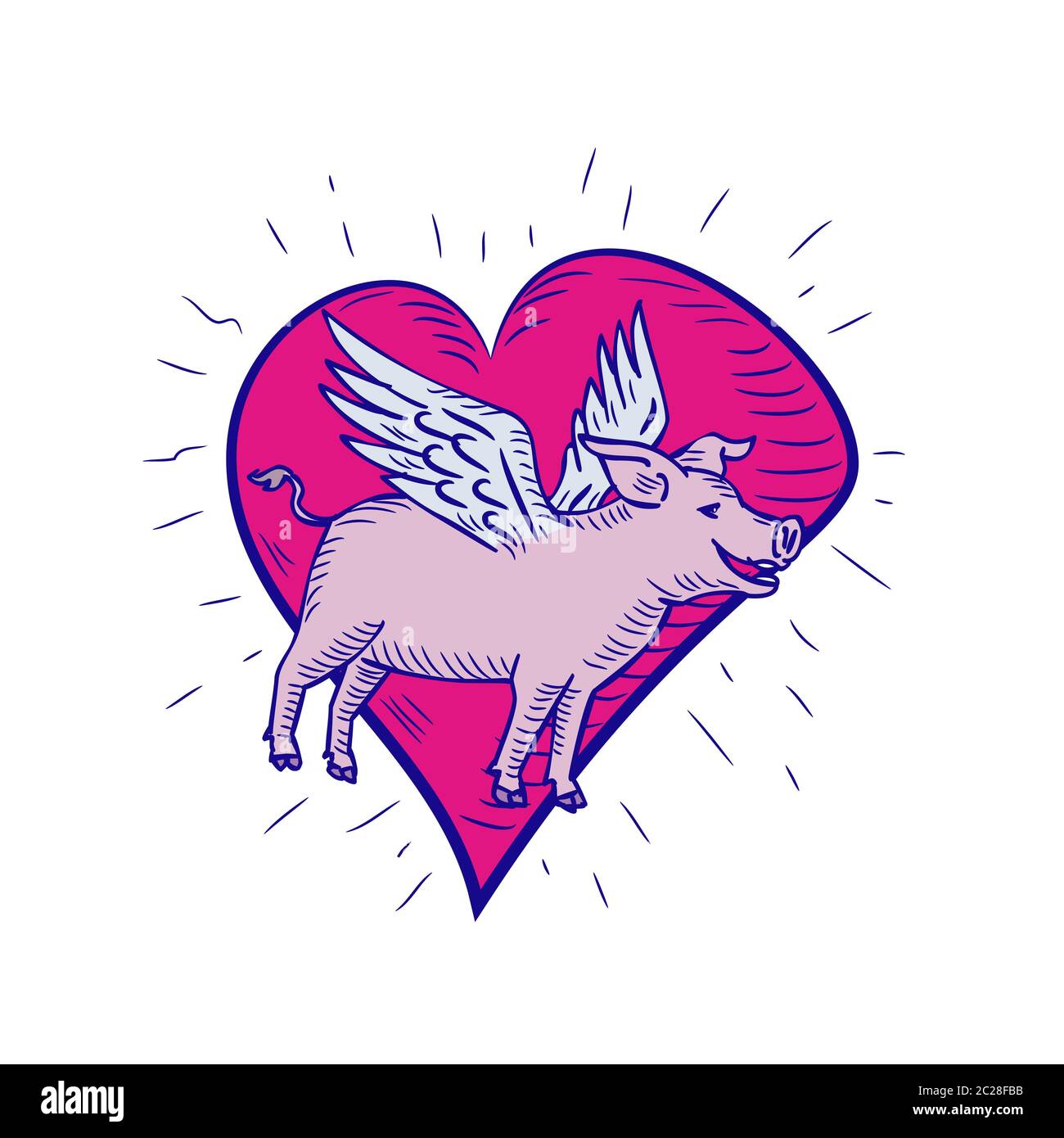 Doodle art illustration of a pig, hog or boar with wing flying side ...