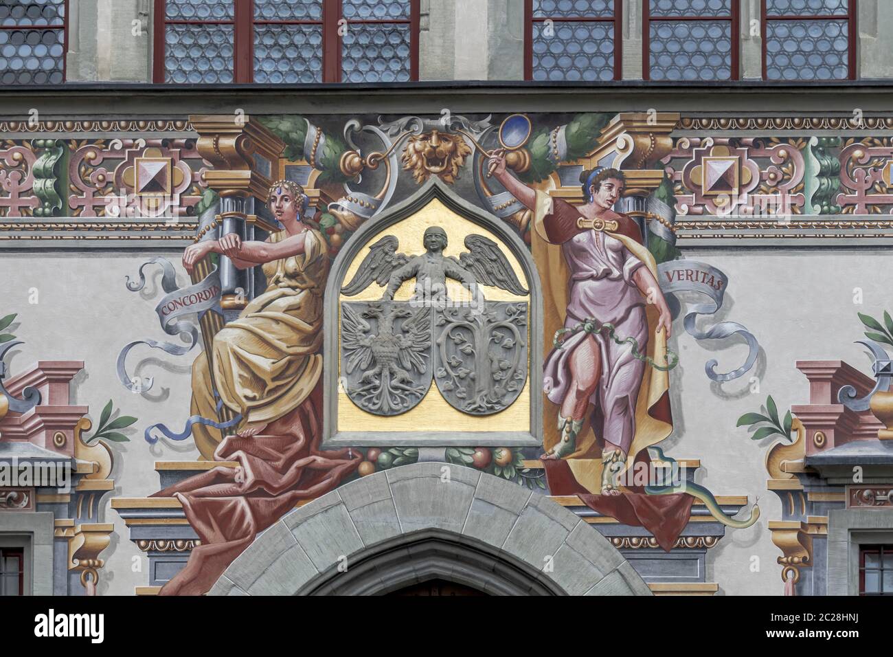 Ornate coat of arms at the Old Town Hall of Lindau, Lindau island, Lake ...