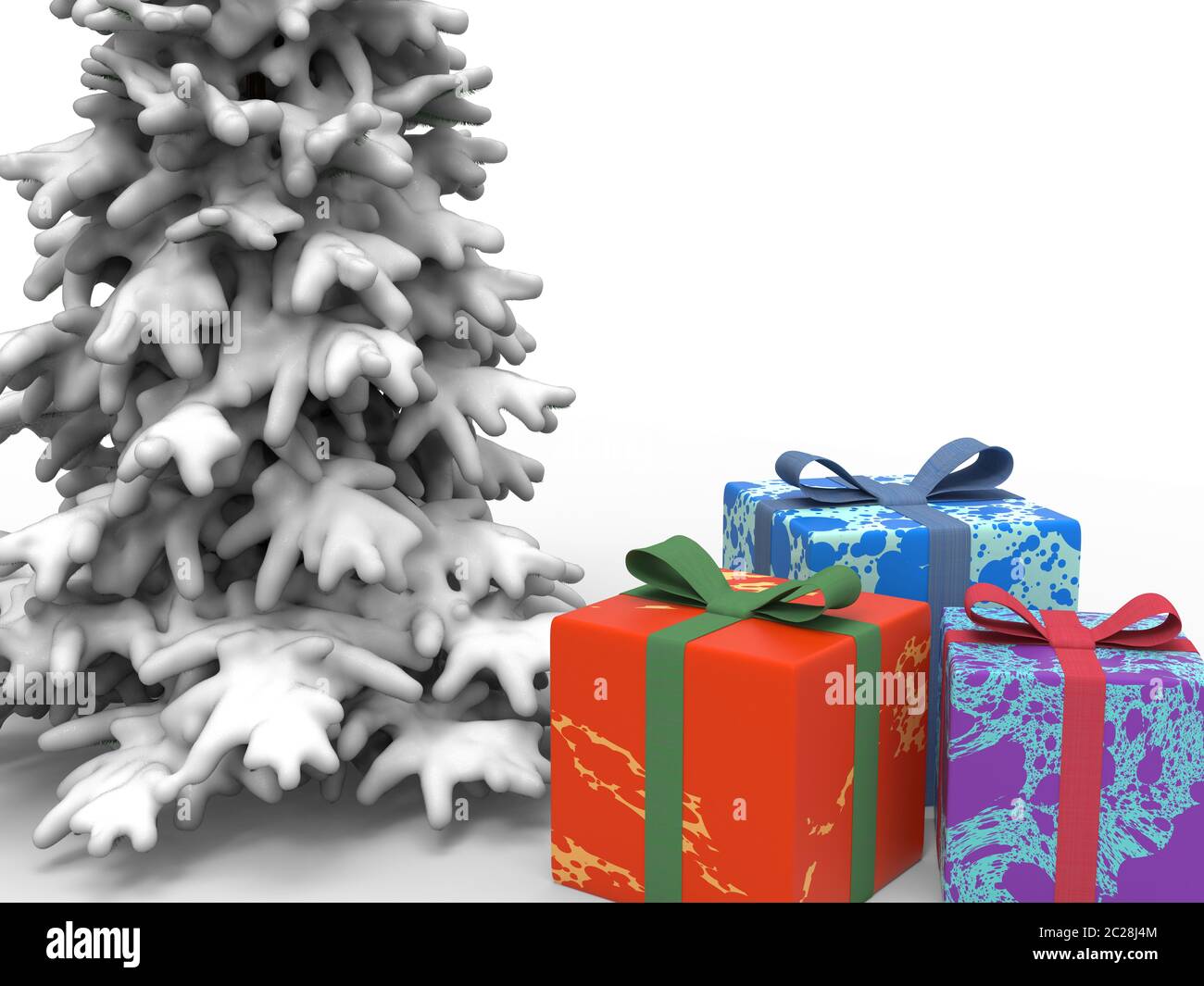 Christmas tree with snow and 3 colorful presents Stock Photo - Alamy