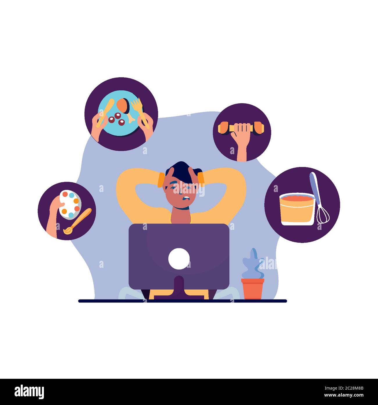 Man with computer and activities icon set design of Work from home ...