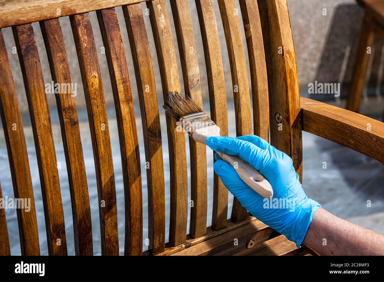 Adult carpenter craftsman painting with water-based paint the strips of ...
