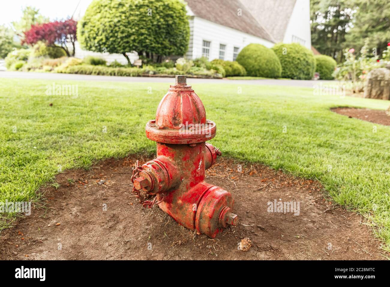 Cascade Locks, Oregon - June 26, 2018: Red old shabby fire hydrant on a ...