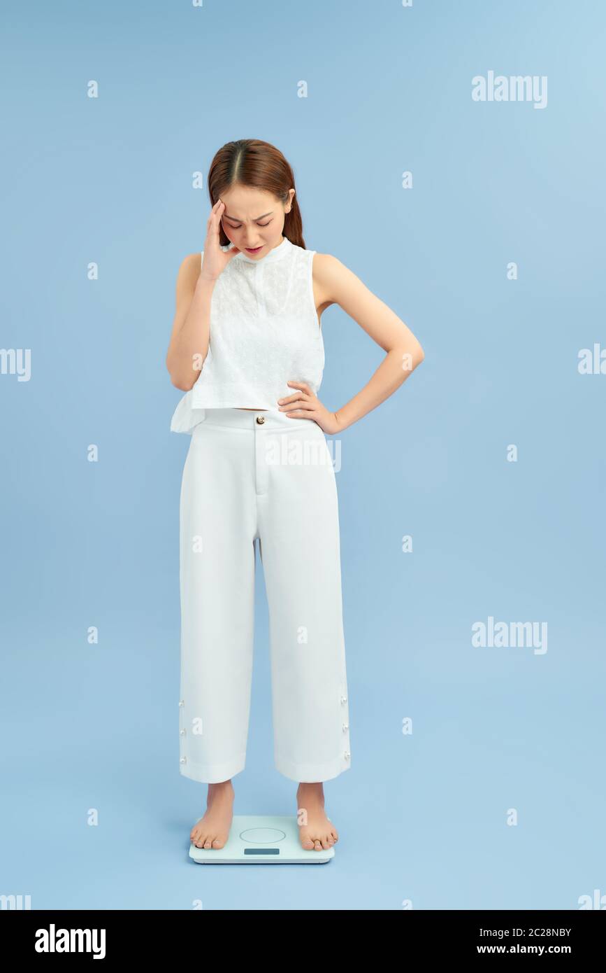 Woman weight scales shocked hi-res stock photography and images - Alamy