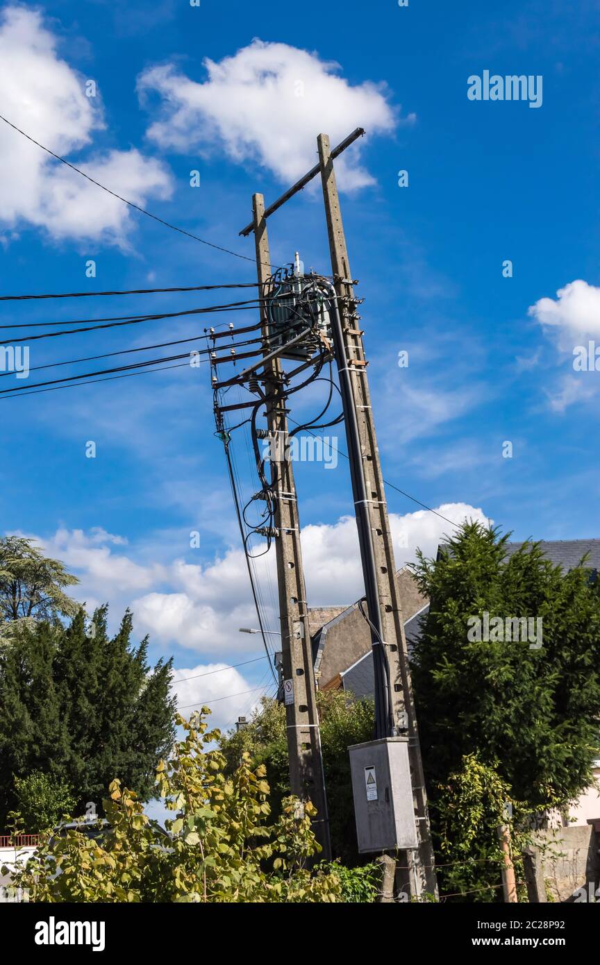 Power line concrete pole end with cables falling vertically. Power Line ...