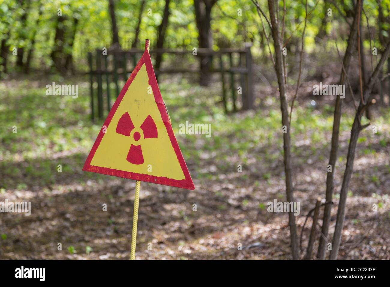 Radiation sign on a graveyard in abandoned Pripyat city in Chernobyl ...